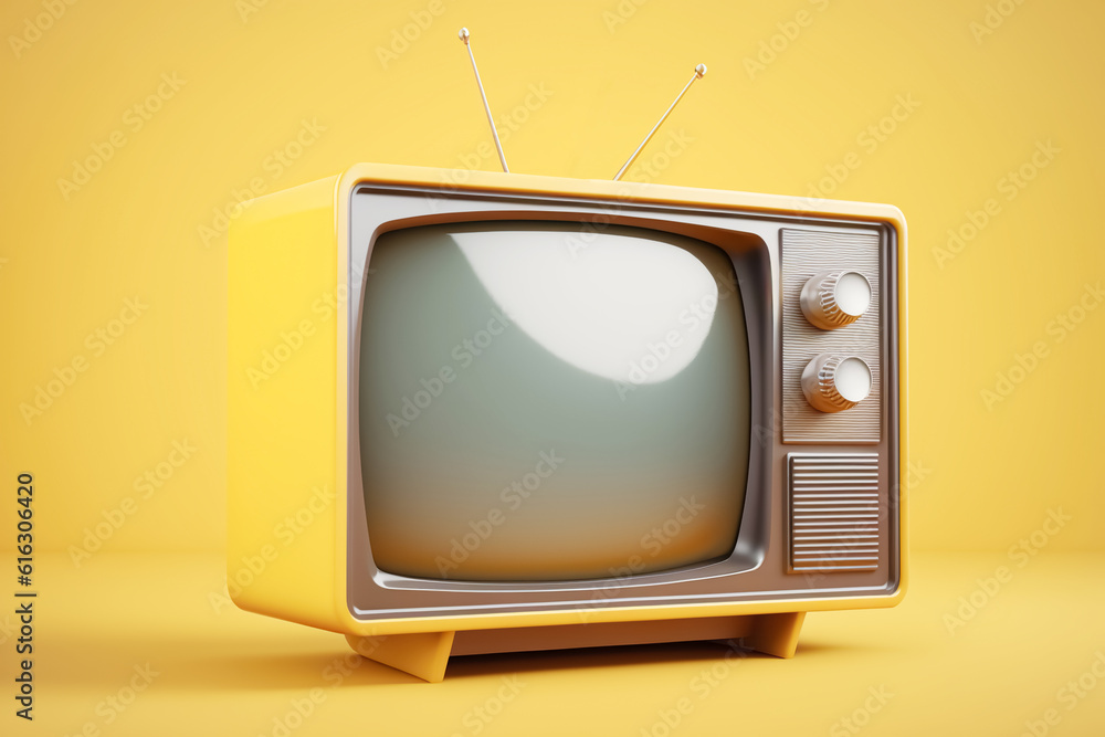 Vintage TV with a large domed screen on yak yellow background ...
