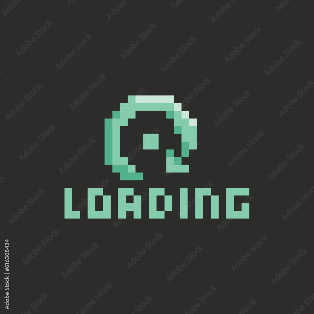 this is Loading icon in pixel art with Green color and black background ...