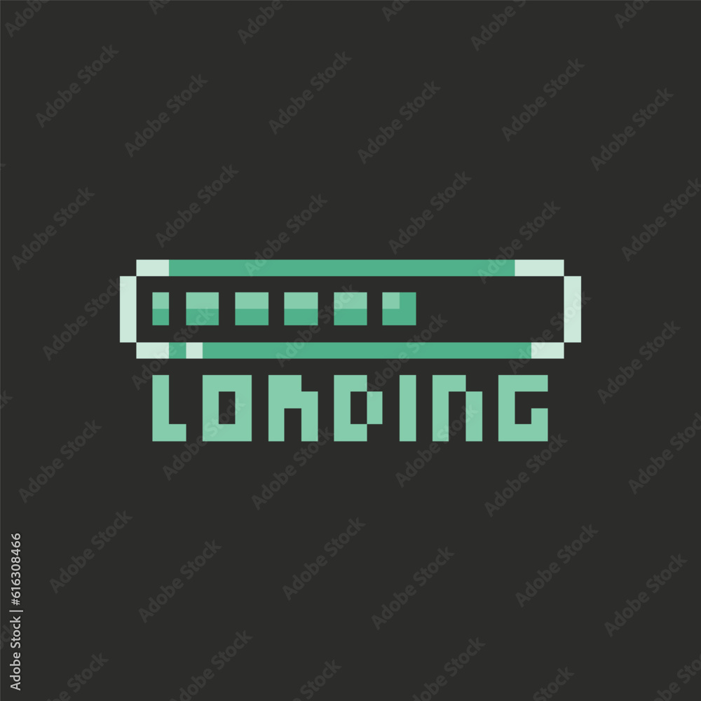 this is Loading icon in pixel art with Green color and black background ...
