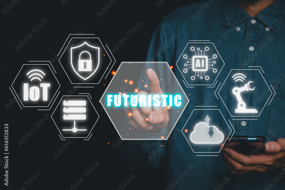 Futuristic concept, Person working on smart phonet with futuristic icon ...