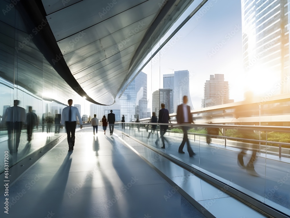 A group of confident business people walking on a sleek and modern ...