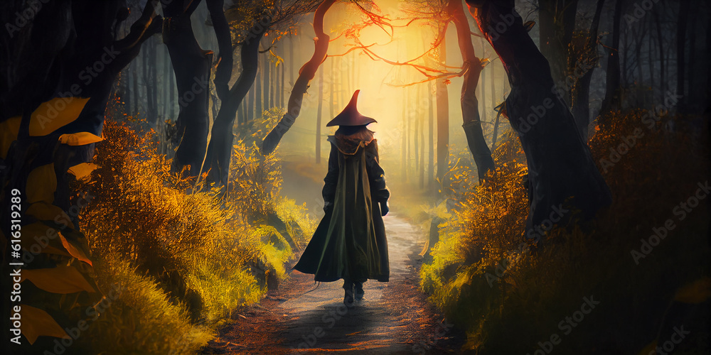 The wizard stands on a path in a dense twilight fairy forest and look ...