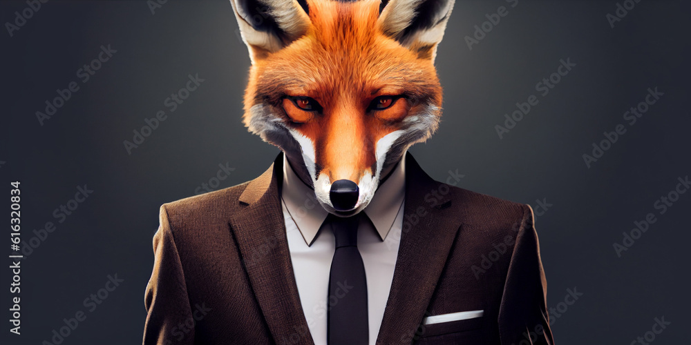 Portrait of a man with a fox head and in an office suit, close-up and ...