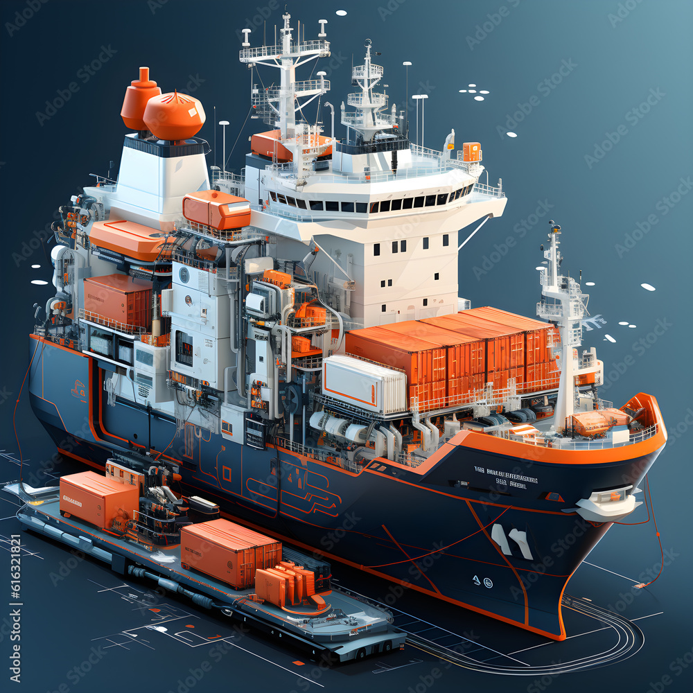 futuristic 2D isometric representation of cargo ship equipped, advanced technology, featuring ...