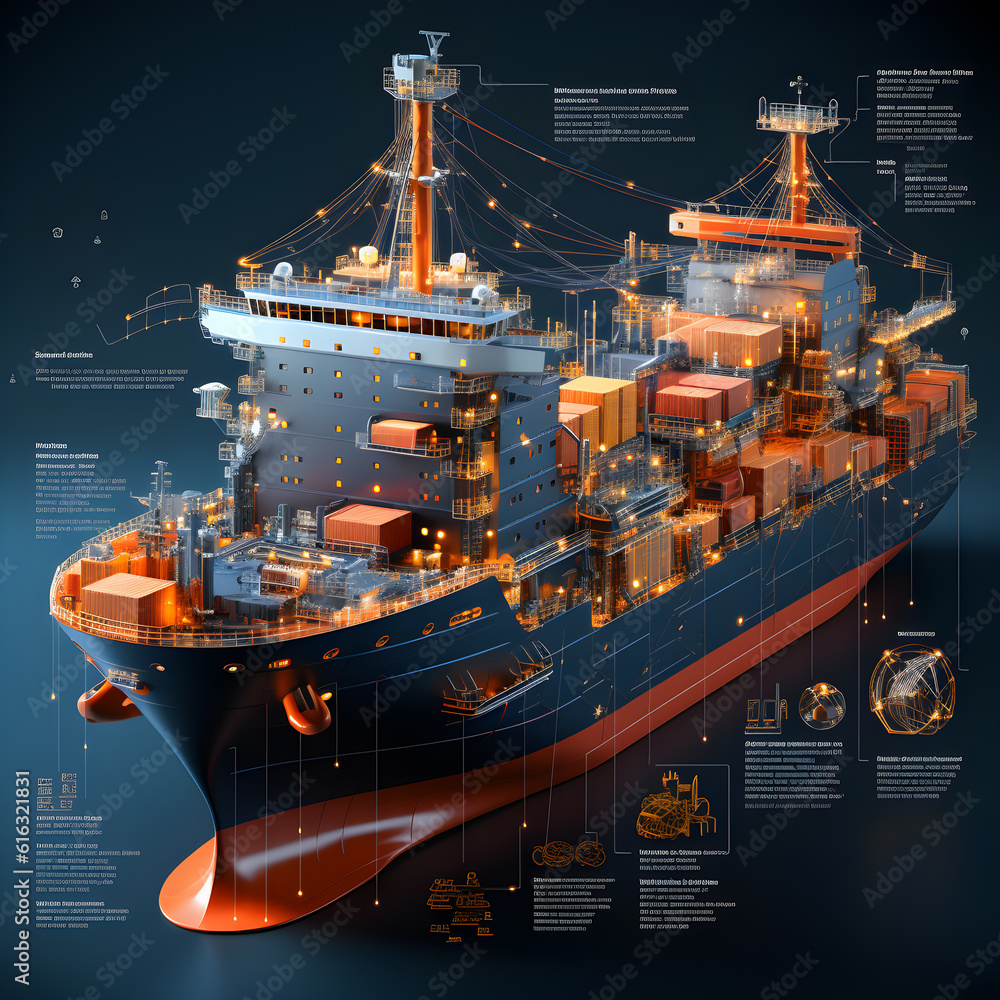 futuristic 2D isometric representation of cargo ship equipped, advanced technology, featuring ...