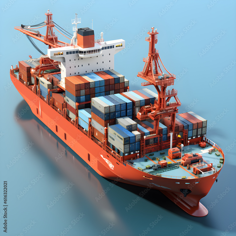 minimalist 2D isometric representation of cargo ship, highlighting ...
