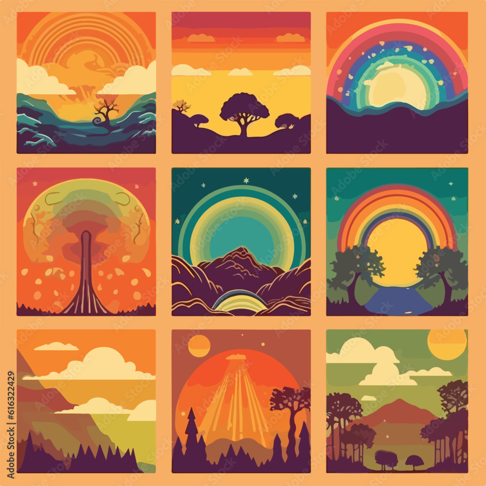 Collection of bright groovy posters 70s. Retro poster with psychedelic ...