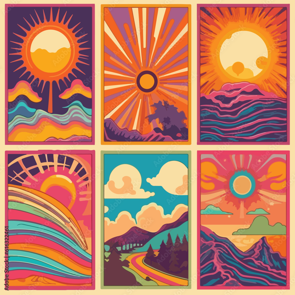 Collection of bright groovy posters 70s. Retro poster with psychedelic ...