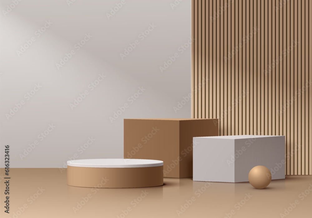 Realistic 3D cream cube and brown wood cylinder pedestal podium set in ...