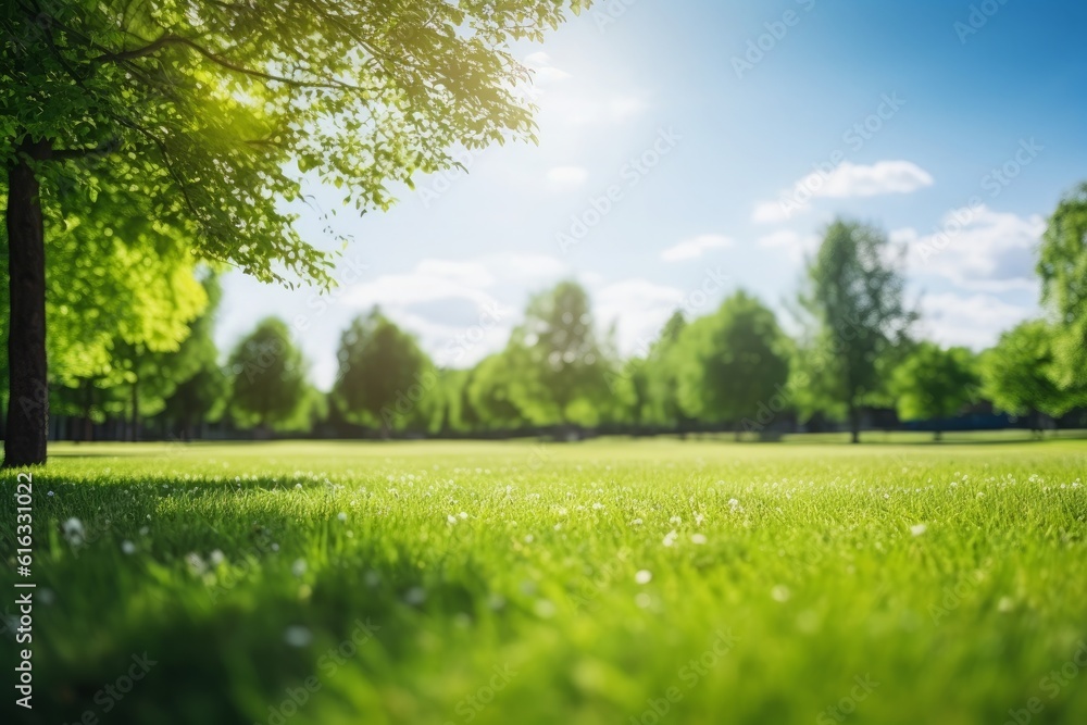 Meticulously manicured lawn embraced by lush trees and shrubs on a ...