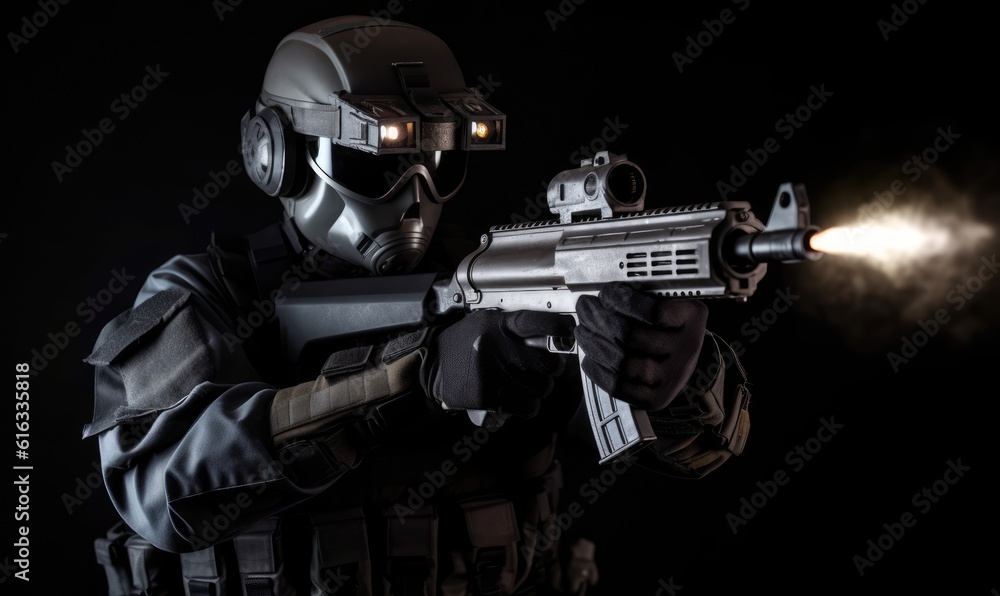 The soldier aimed his gun and started shooting Creating using ...