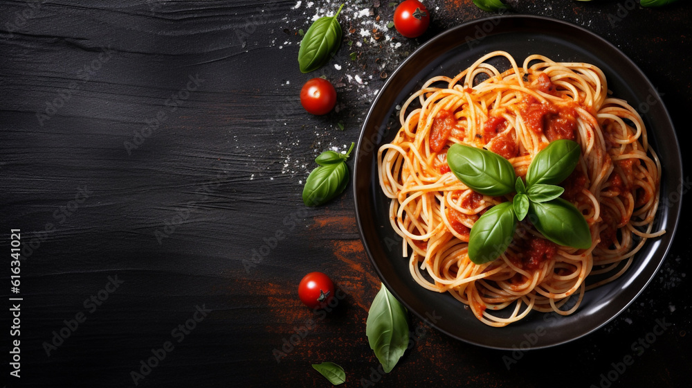 Italian spaghetti with basil garnish and herbs on black wooden board ...