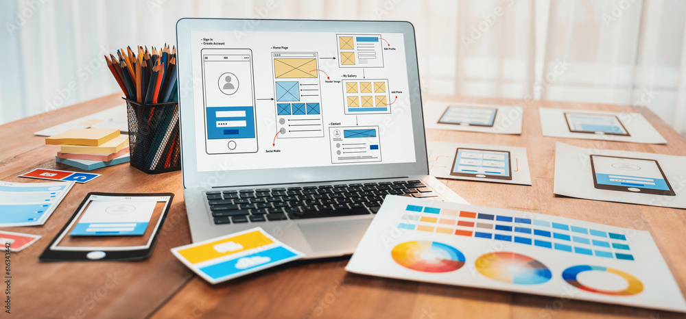 Digital and paper wireframe designs for web or mobile app UI UX display ...