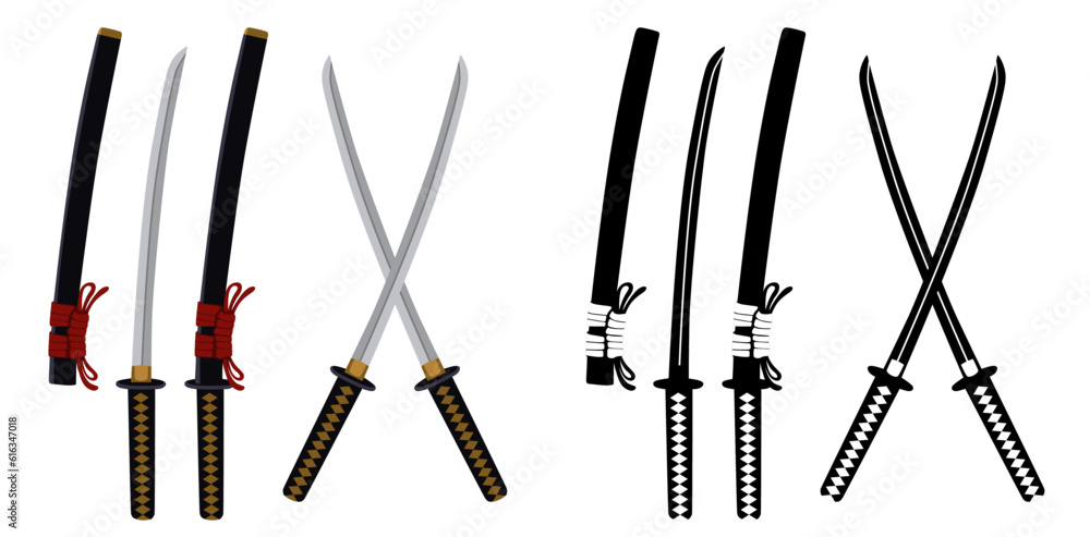 Set Wakizashi swords vector. Traditional Japanese samurai blade weapon ...