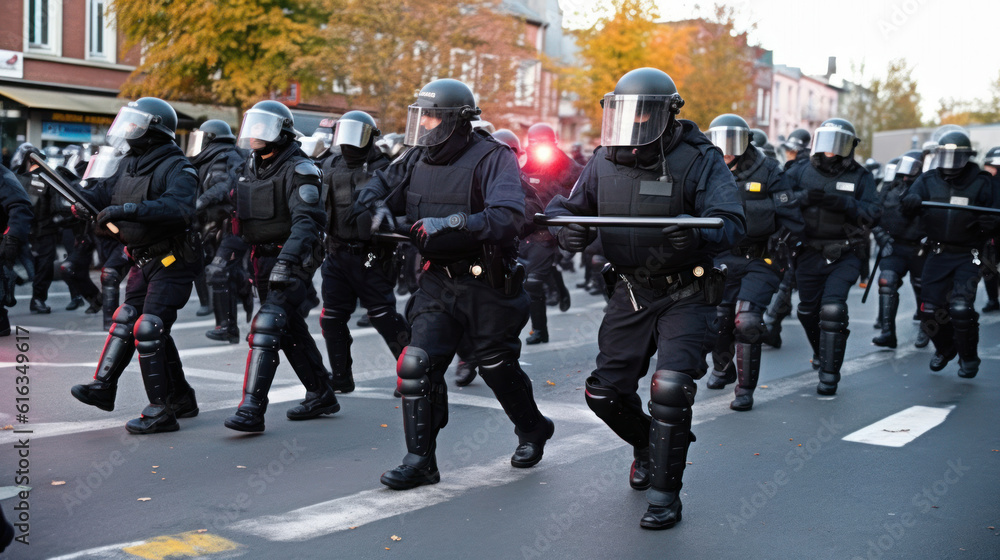 police in full gear on the street. police in hardhats, hard hats and ...