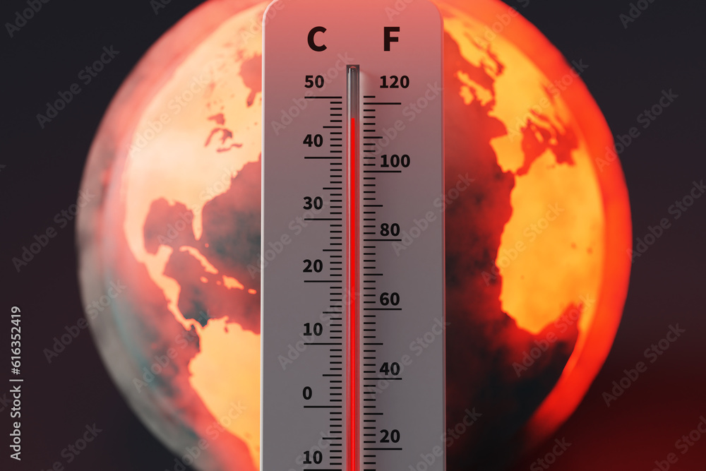 Earth experiencing extreme high temperatures and a thermometer showing ...