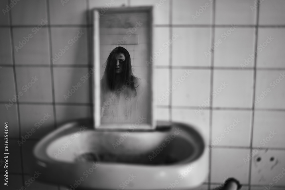 Horror movie scene with a creepy face in the mirror, dead bride in ...