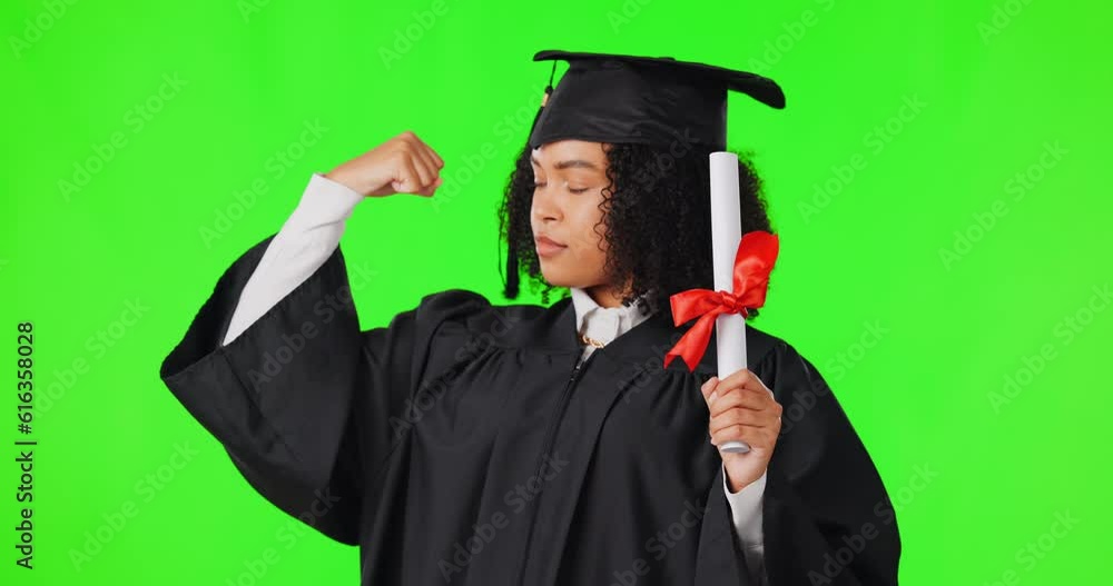 Graduation, fist and student or woman on green screen, success and ...