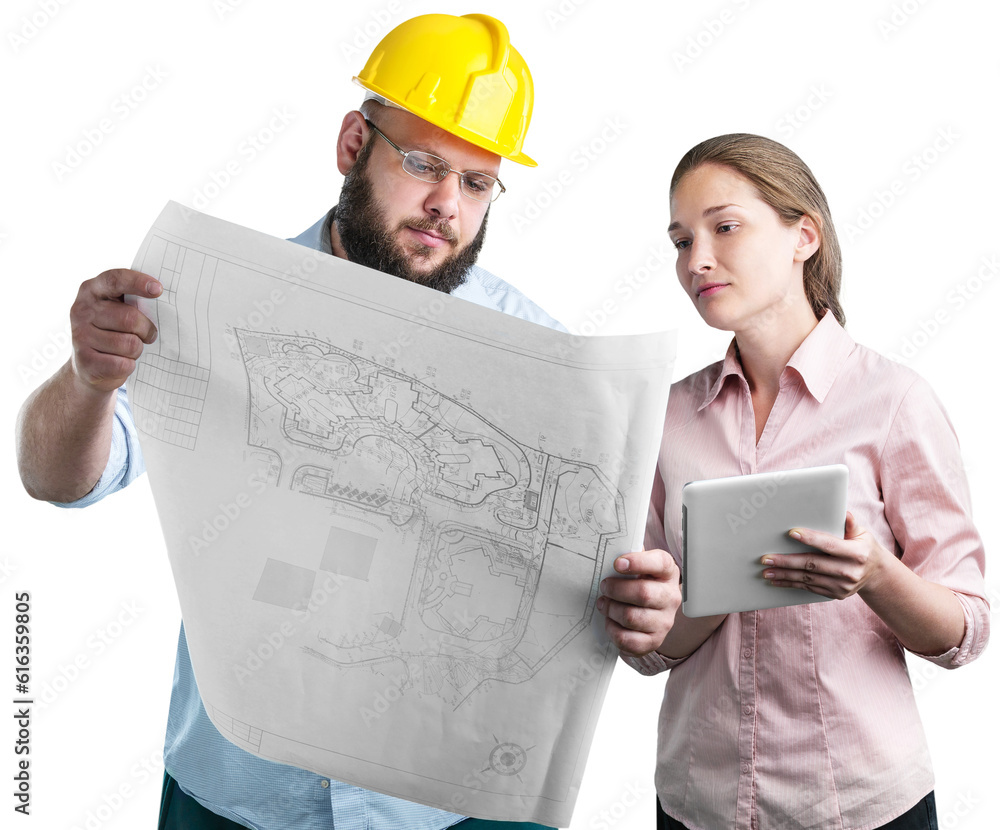 Architect woman with draft plan of building. Construction manager Stock ...