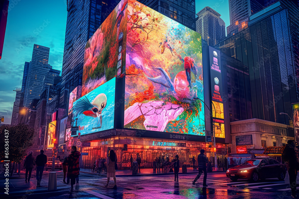 A bustling metropolis filled with digital billboards that display ...