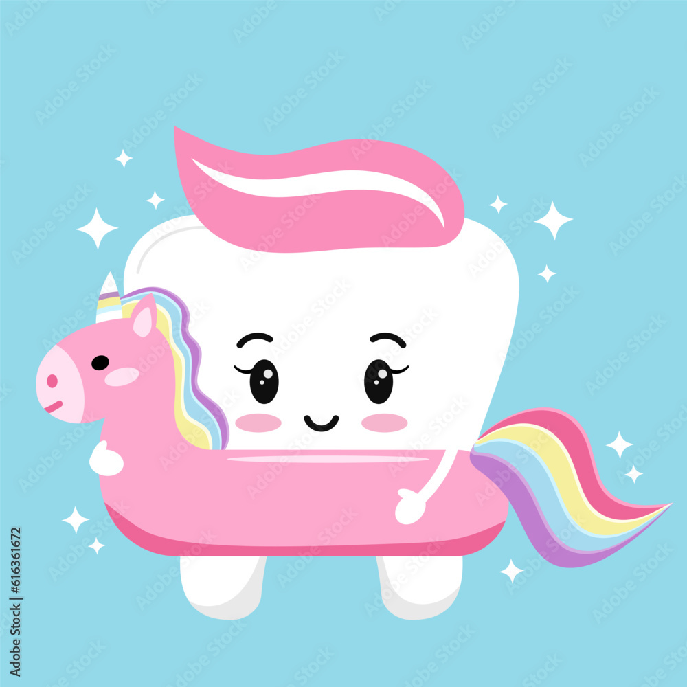 Cute tooth with unicorn rubber ring for swimming. Hello summer concept ...