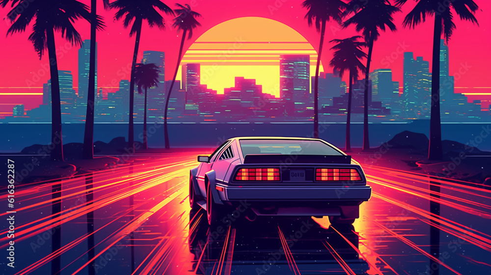 80s retro illustration car driving with sunset view. Synthwave 80s ...