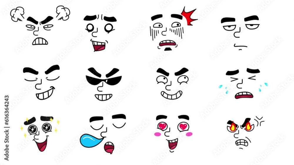 Cartoon faces. Expressive eyes and mouth, smiling, crying and surprised ...