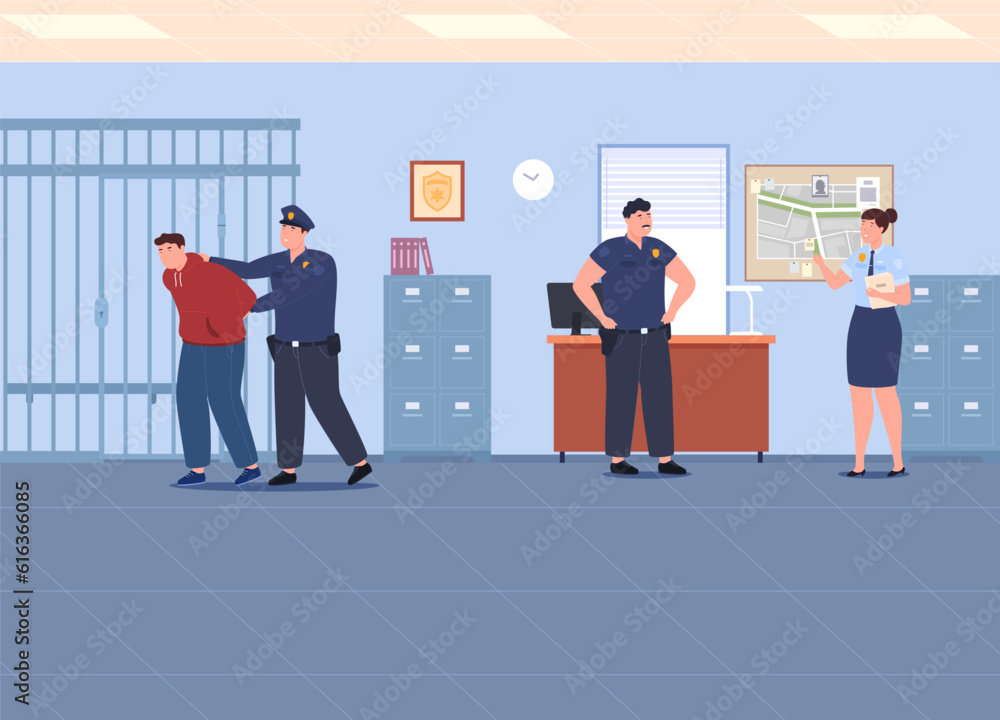 Police Department. Police officers in various work processes of law ...