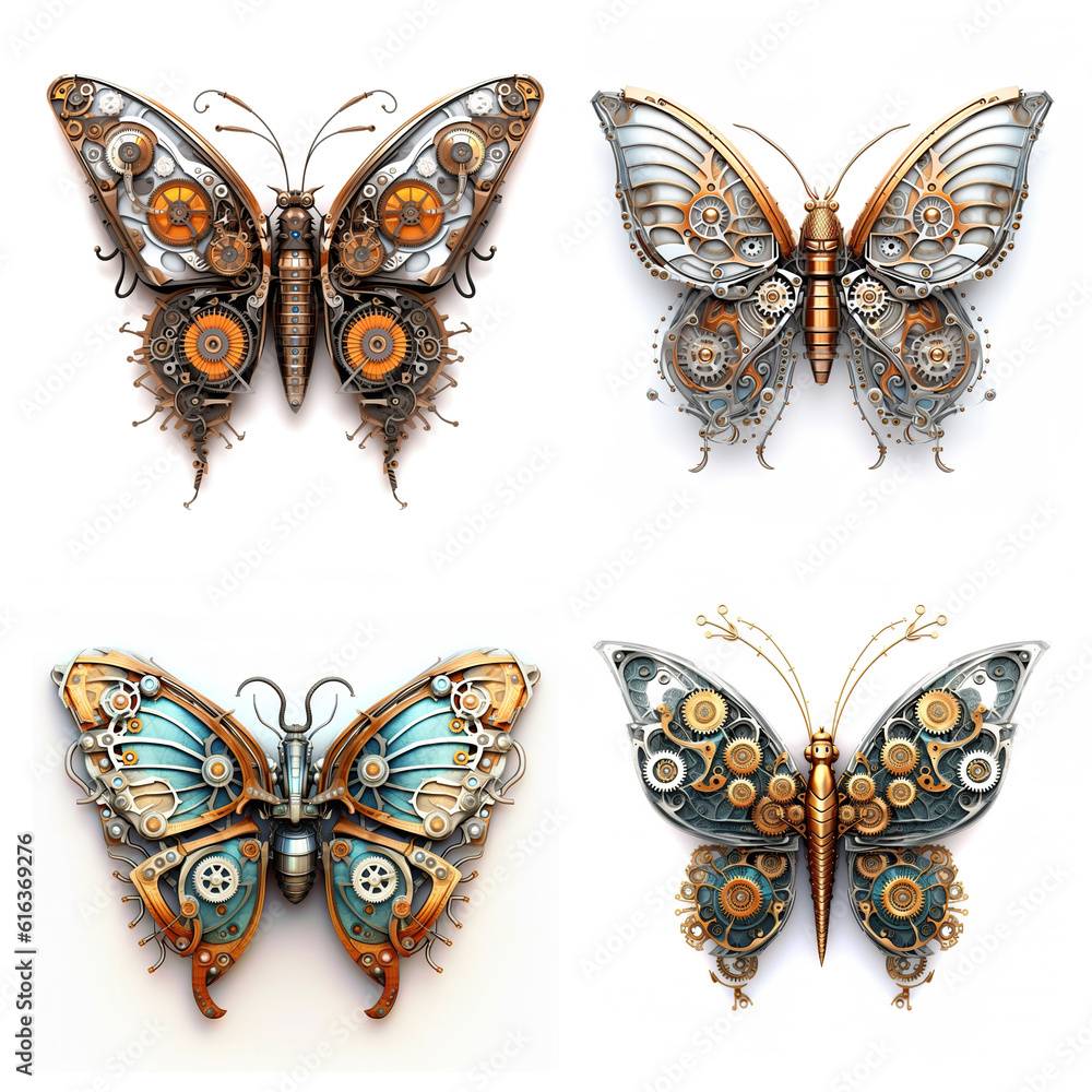 Four butterflies in steampunk style symbolic isolated on white ...