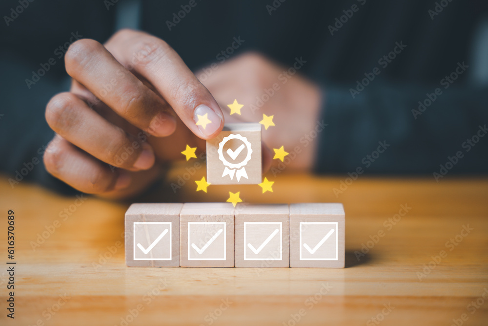 ISO quality control certification concept displayed through wooden cube ...