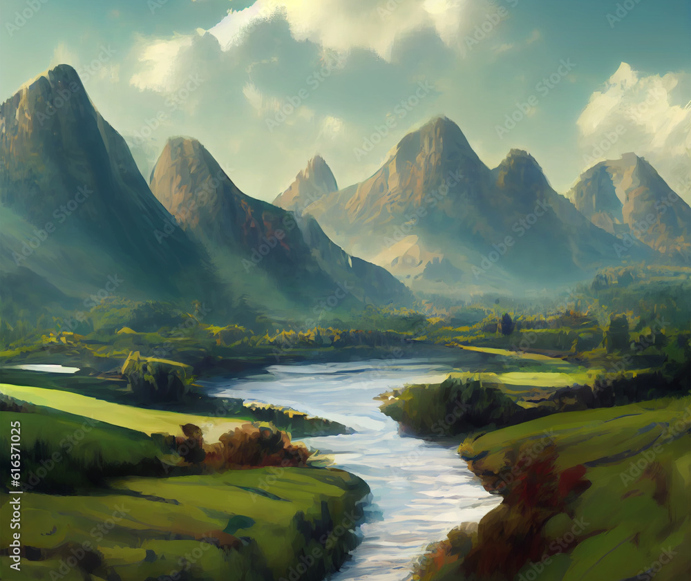 Great River and Mountain. Beautiful Valley and Plain. Fantasy Backdrop ...