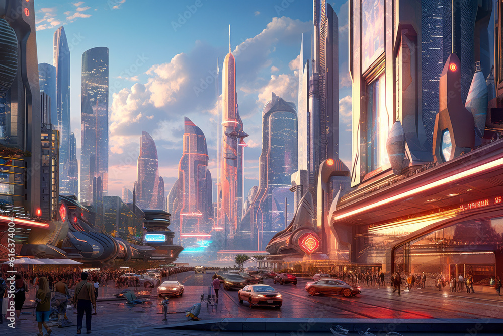 A technologically advanced city with towering skyscrapers and ...