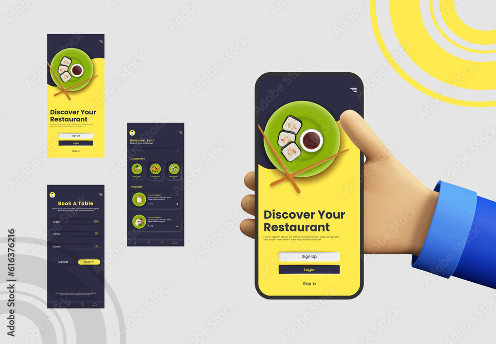 Restaurant Table Booking Mobile App UI, UX Screens for Advertising ...
