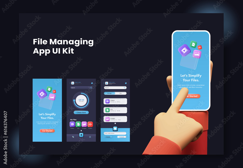 File Managing Mobile App UI Splash Screens, Template Layout In Blue ...