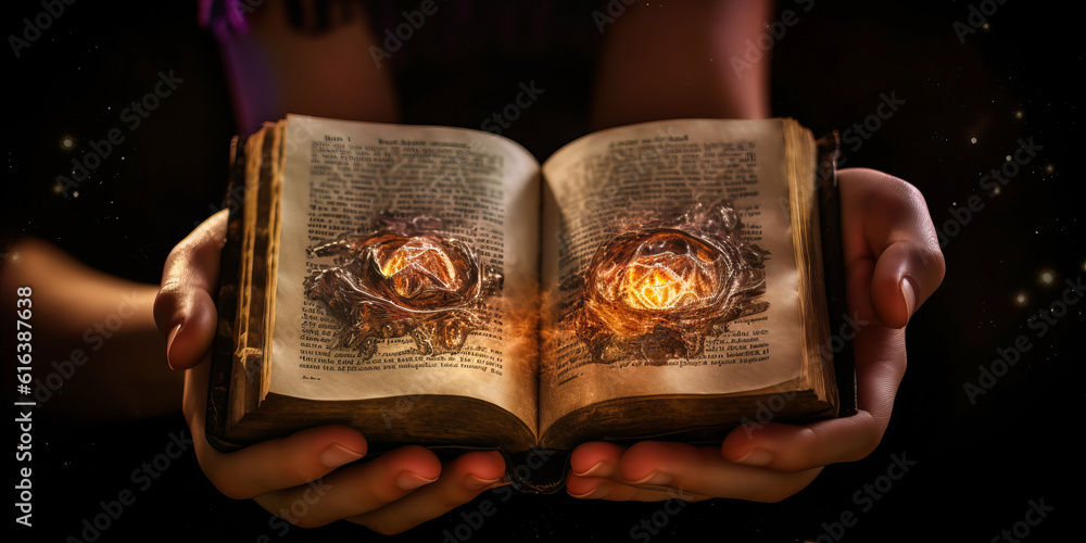 Enchanted child's hands hold an ancient magical grimoire with a dimly ...