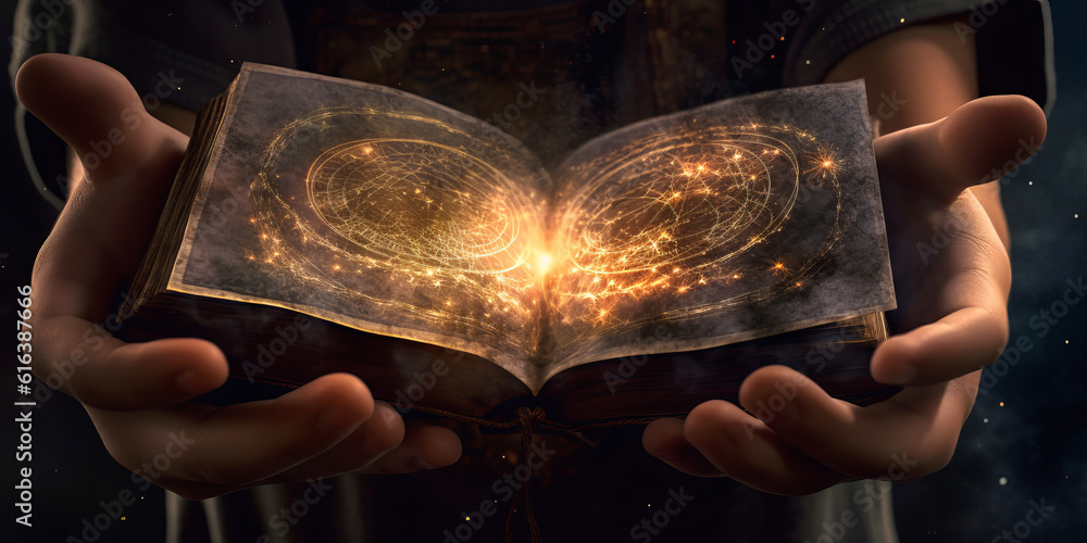 Spellbinding child's hands holding ancient magical grimoire, with ...