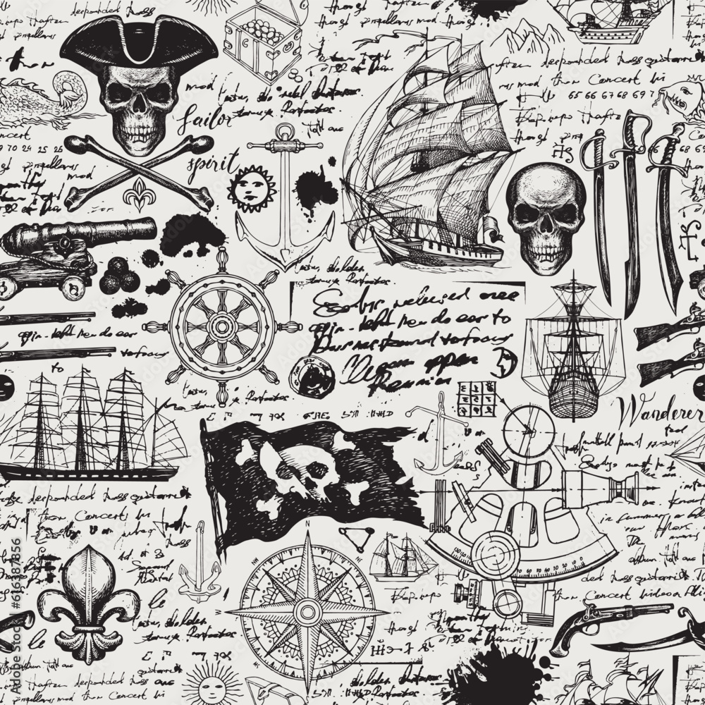 Vector abstract seamless pattern with Jolly Roger skulls, crossbones ...