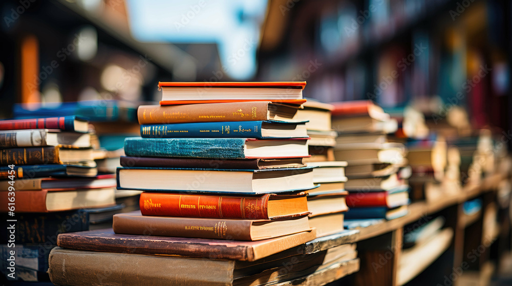 stack of used books on a bookstore counter. optimized for resolution 16 ...