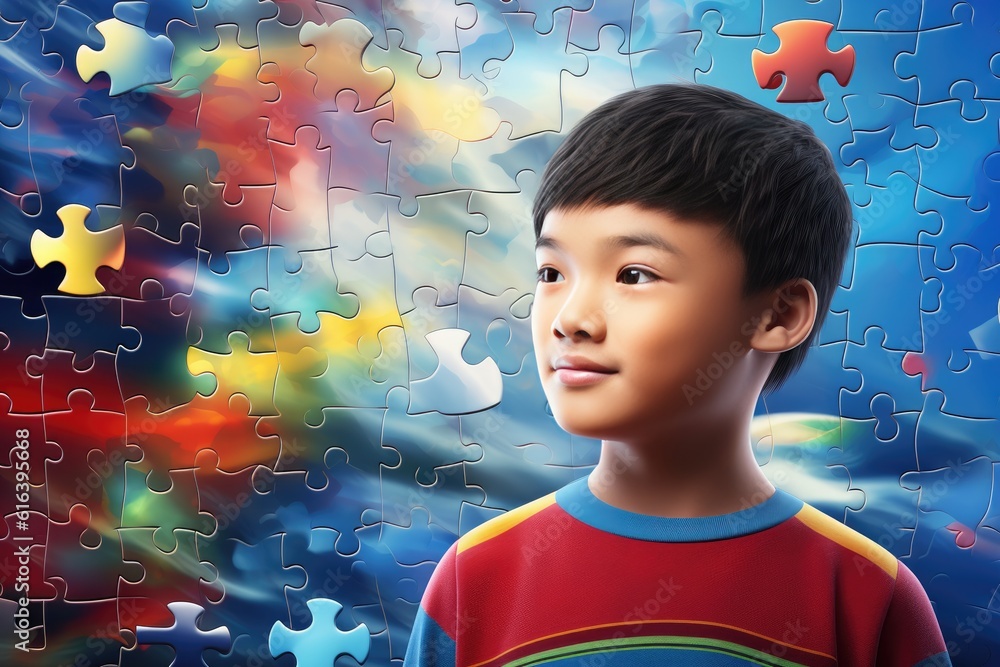 Fictional asian child with a puzzle pieces. Concept for neurodiversity ...
