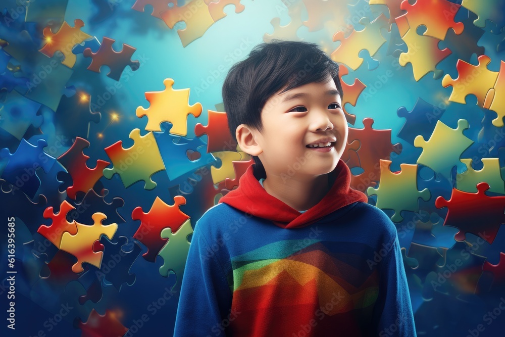 Asian boy child with puzzle pieces. Neurodiversity, Disability Pride ...