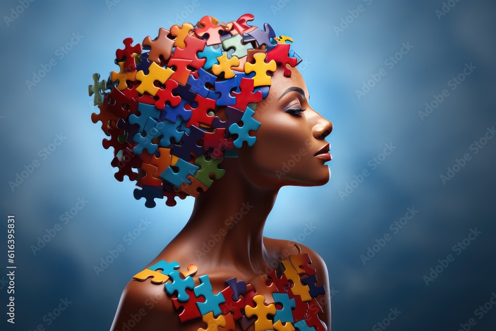 Fictional black woman with a puzzle brain. Concept for neurodiversity ...
