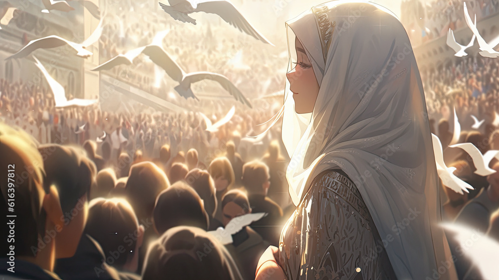 Young islamic woman performing the Hajj pilgrimage during Eid al-Adha ...