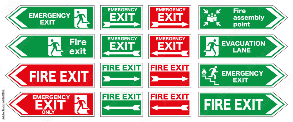 Set of emergency exit and fire exit signs, fire gathering place ...