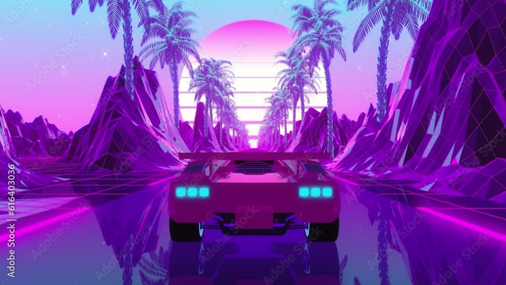 Retro futuristic 80's vaporwave outrun car. Driving in a low poly Miami ...