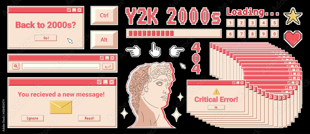 Trendy Y2K banner with retro computer windows, greek sculpture, pixel ...