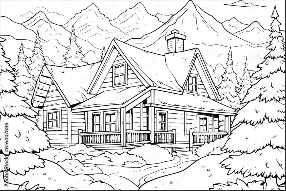 Coloring page for adult and kids. Sketch of Wooden cabin in pine forest ...