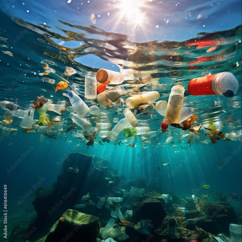 Pollution de l'océan où l'on voit des déchets plastiques qui flottent ...