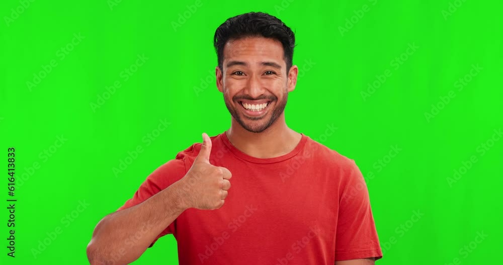 Thumbs up, motivation or support with a man on green screen background ...