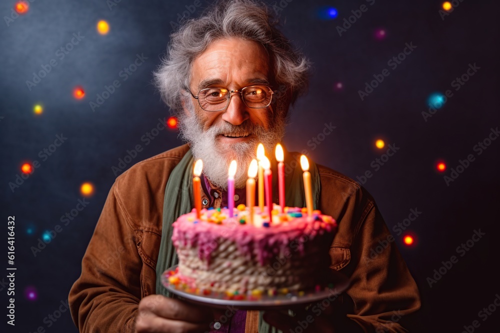 Happy smiling wrinkled senior man holds festive cake. Prepares for ...