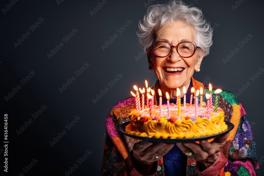Happy smiling wrinkled senior woman holds festive cake. Prepares for ...